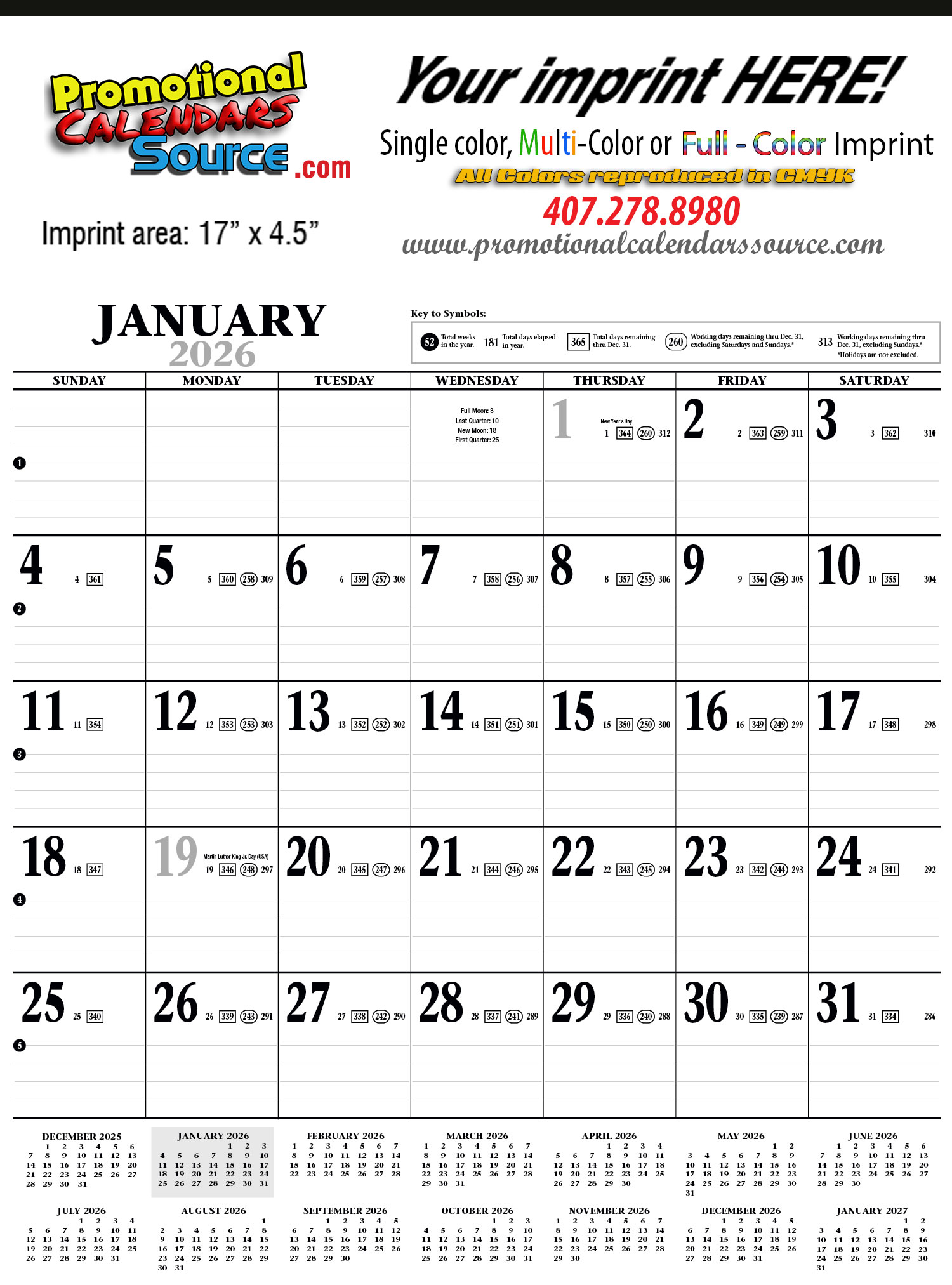 Contractor Wall Calendar w Full Color Ad Imprint, Black & White grid ...