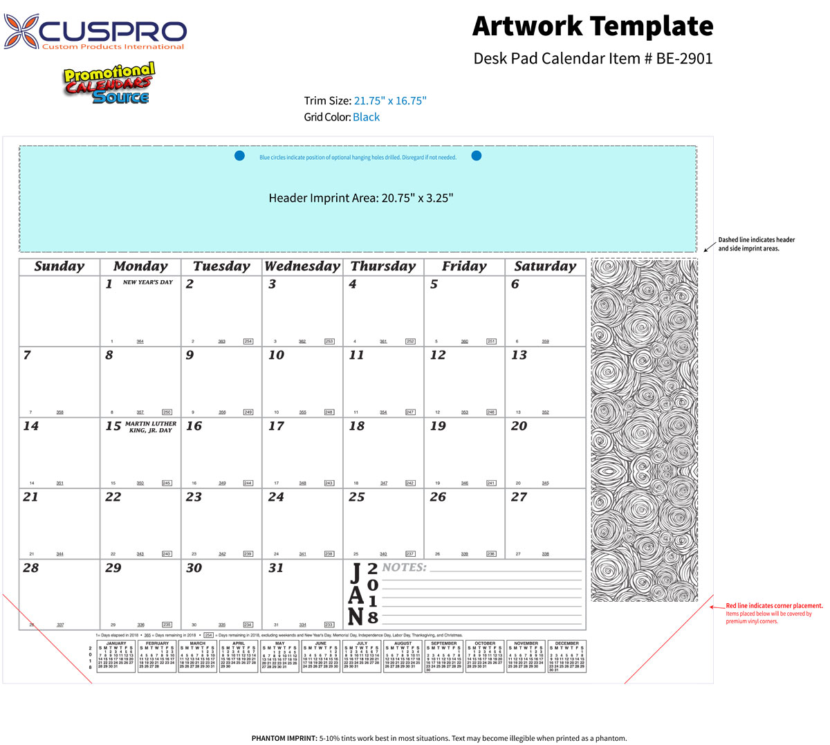 Customized 22x17 Desk Pad Calendar w Black Grid & Coloring Section