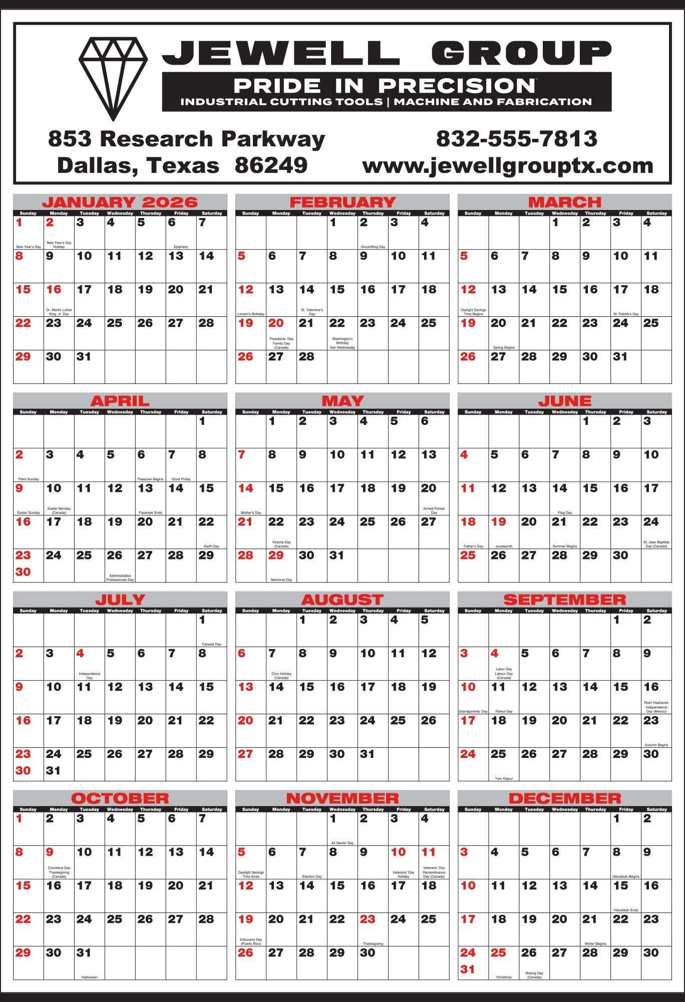 Full Year In View Calendar 19.5x28 Black & Red Grid